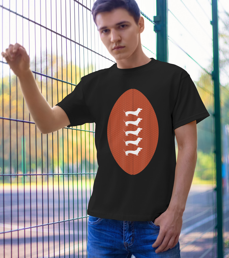 Funny Dachshund Wiener Dog Football Oval Five White Silhouettes On Textured Brown Background T-Shirt