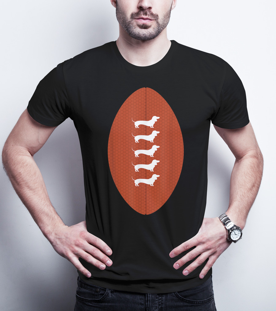 Funny Dachshund Wiener Dog Football Oval Five White Silhouettes On Textured Brown Background T-Shirt