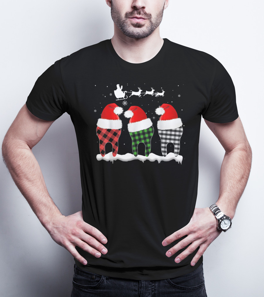 Funny Dentist Hygienists Christmas Pajama Santa Tooth Plaid T-Shirt