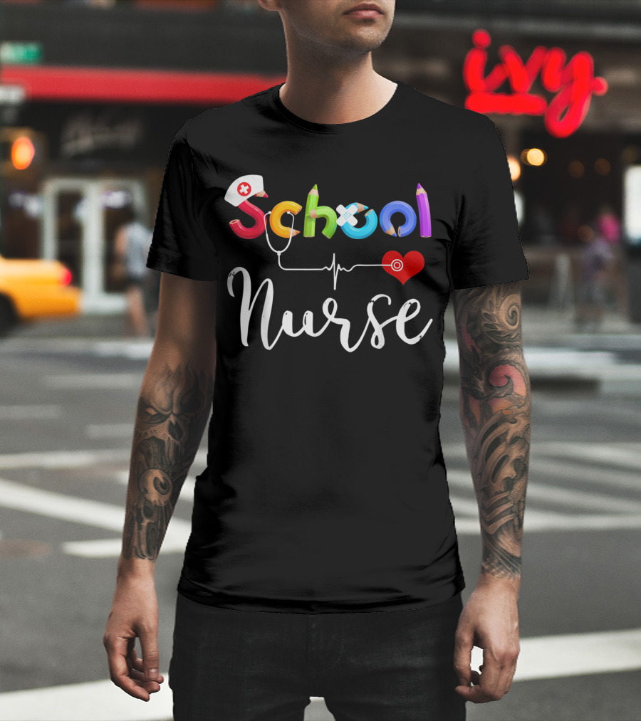 School Nurse Colorful Pencil Heartbeat T-Shirt