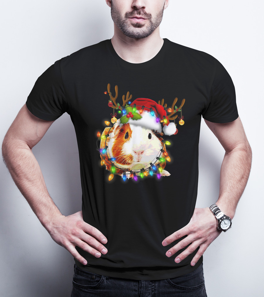 Guinea Pig With Christmas Lights And Reindeer Antlers In Santa Hat T-Shirt