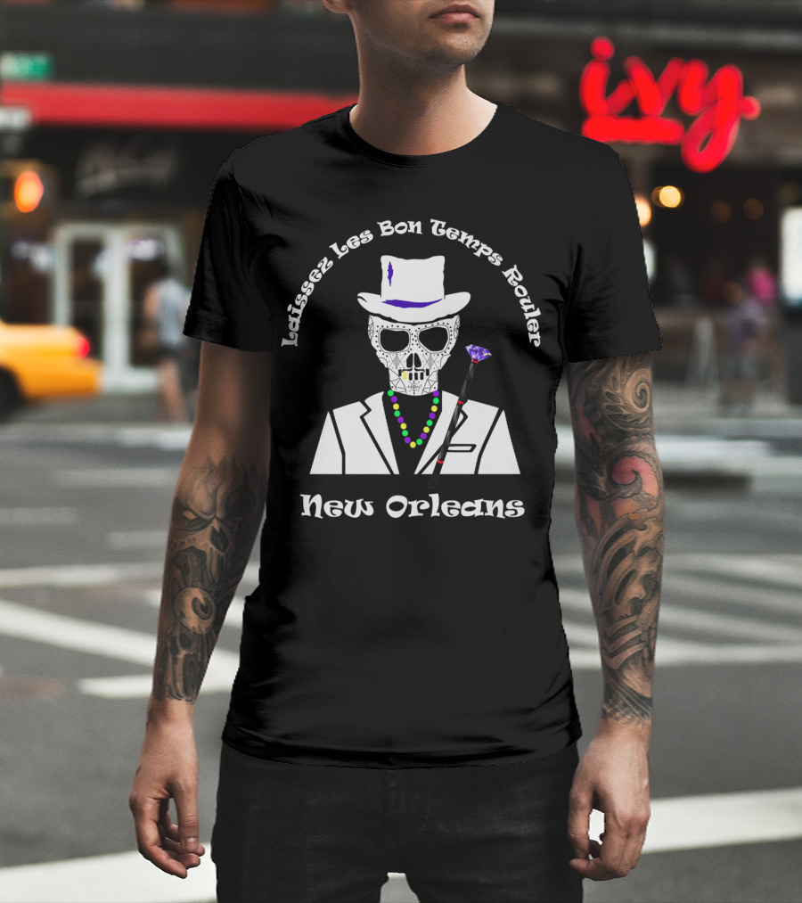 Laissez Les Bon Temps Rouler New Orleans Baron Samedi Skull Cane Beads T-Shirt