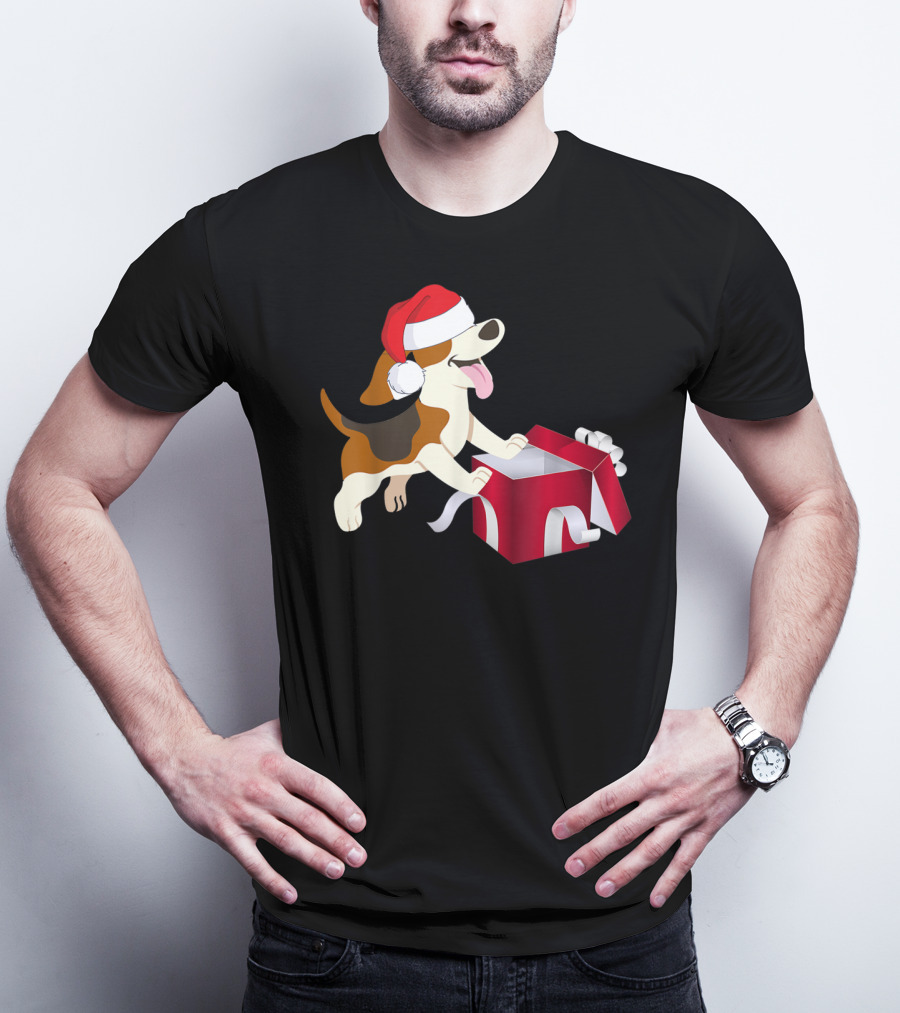 Beagle Dog Christmas Funny Santa Hat With Gift Box T-Shirt