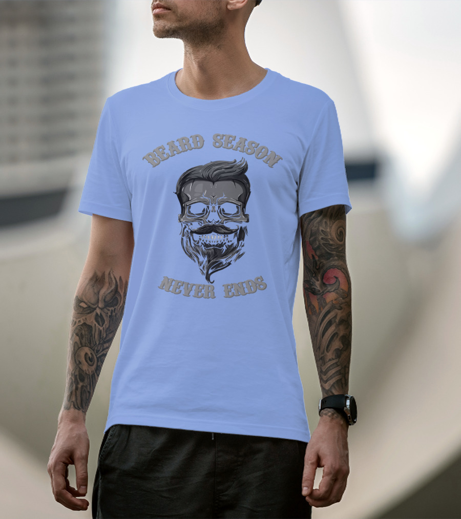 Beard Season Never Ends Skull With Mustache And Hair T-Shirt