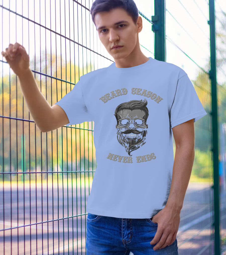 Beard Season Never Ends Skull With Mustache And Hair T-Shirt