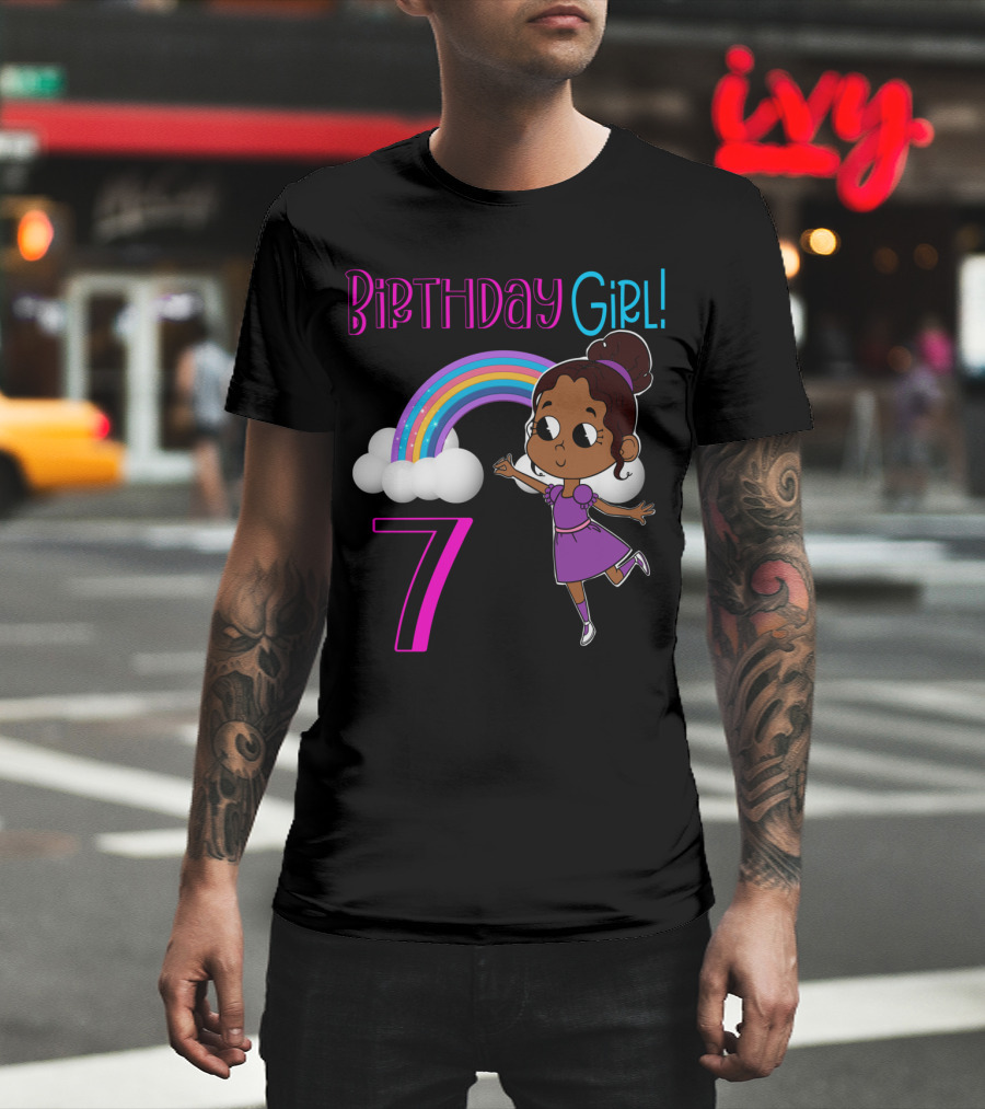 Birthday Girl 7 African American With Rainbow And Dancing Child T-Shirt