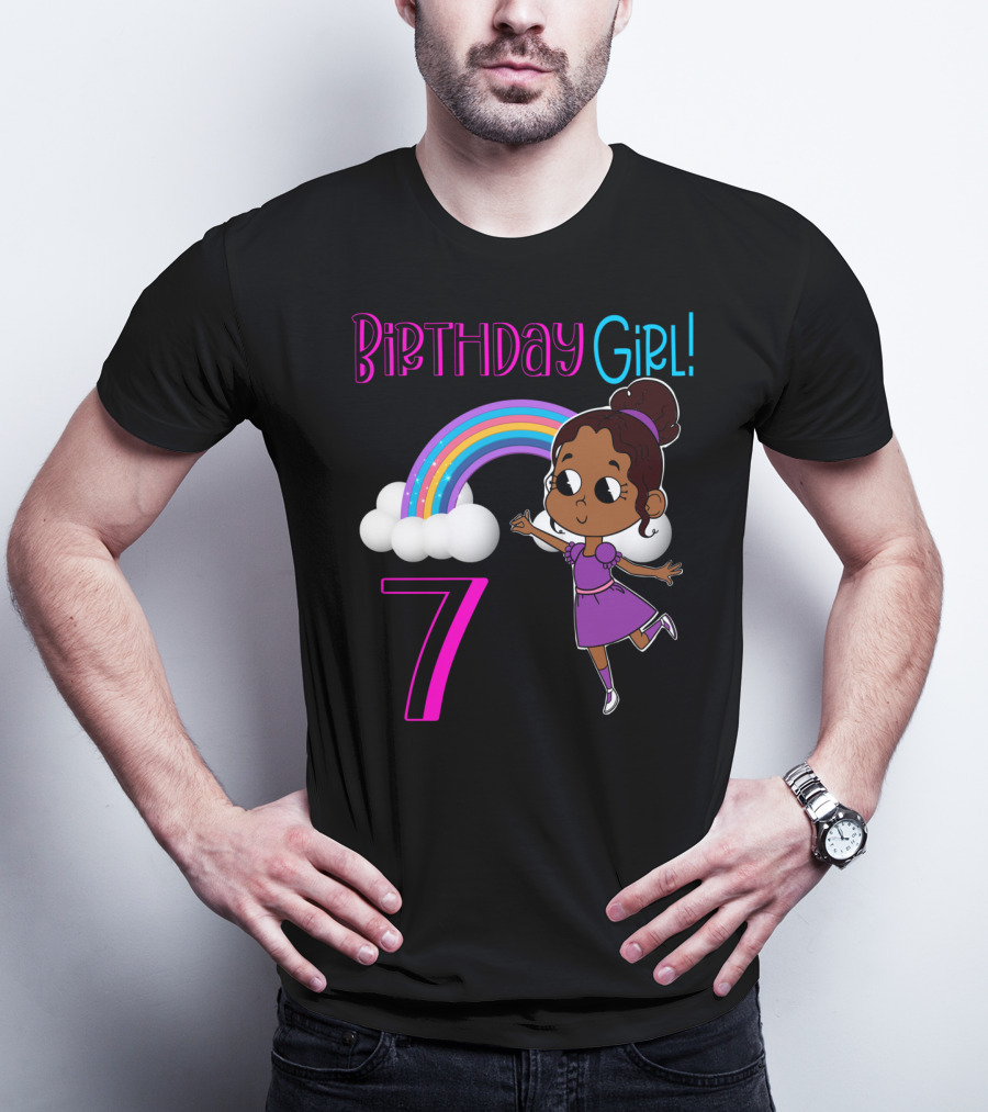Birthday Girl 7 African American With Rainbow And Dancing Child T-Shirt