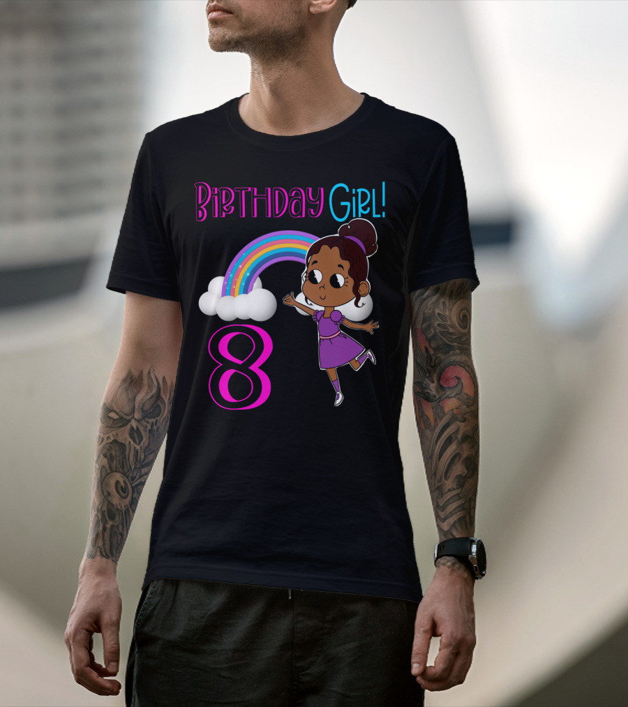 Birthday Girl 8 Rainbow Celebration With African American Cartoon Kid T-Shirt