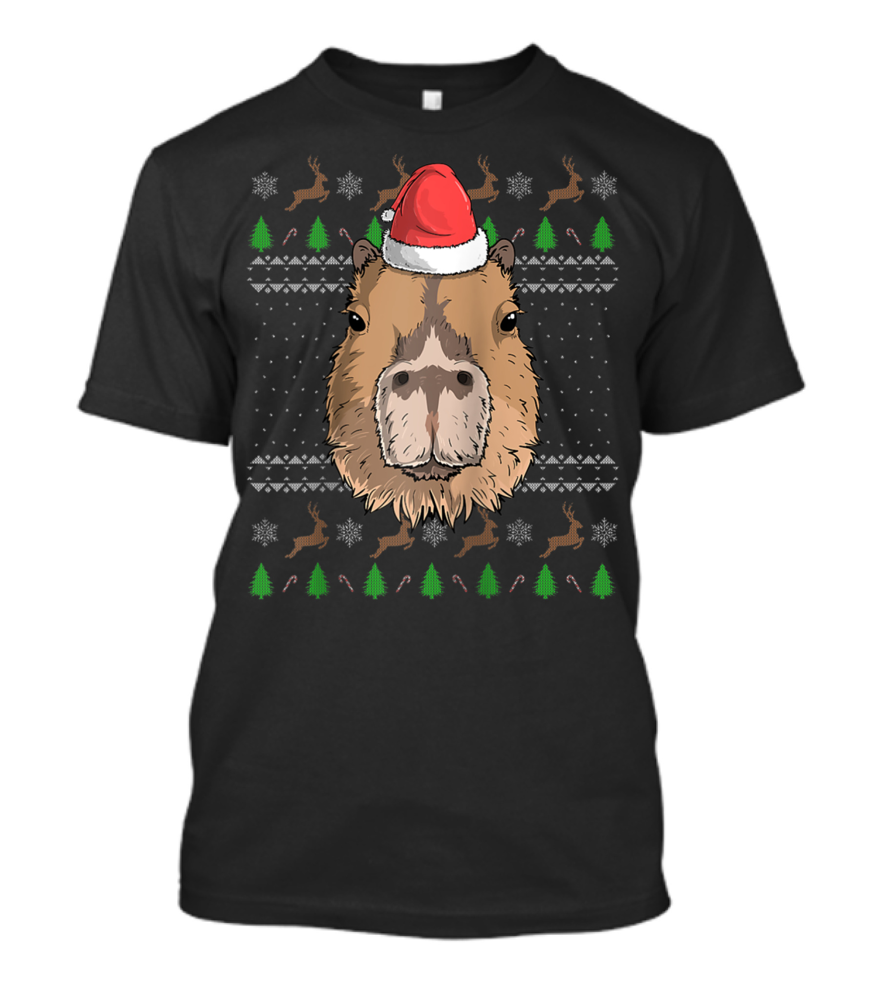 Capybara With Santa Claus Hat In Christmas Theme With Reindeer And Trees T-Shirt
