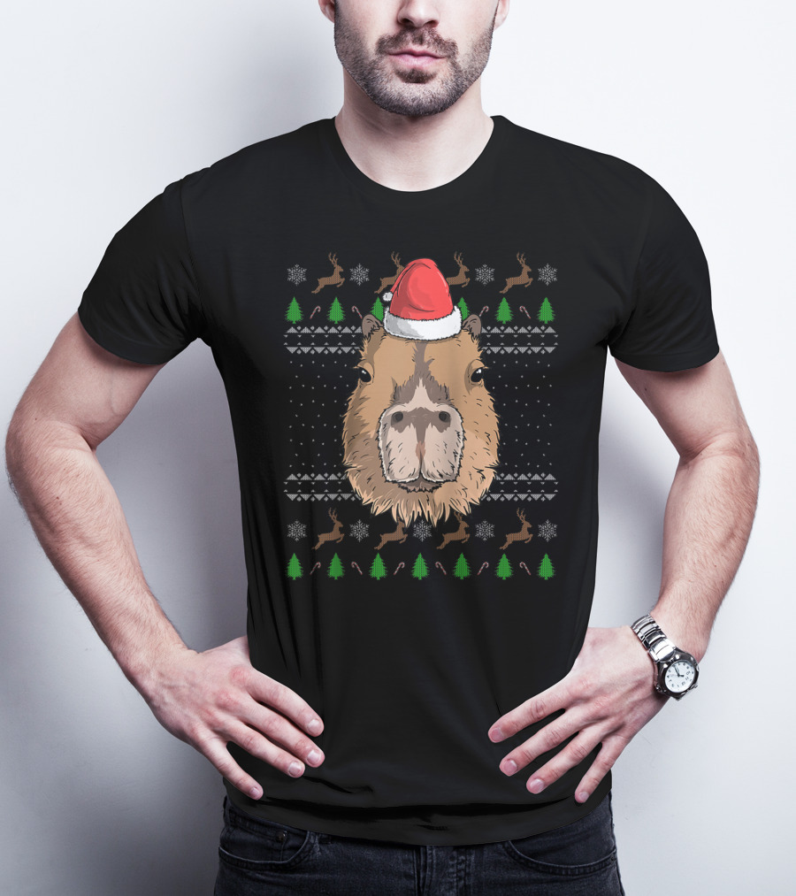 Capybara With Santa Claus Hat In Christmas Theme With Reindeer And Trees T-Shirt