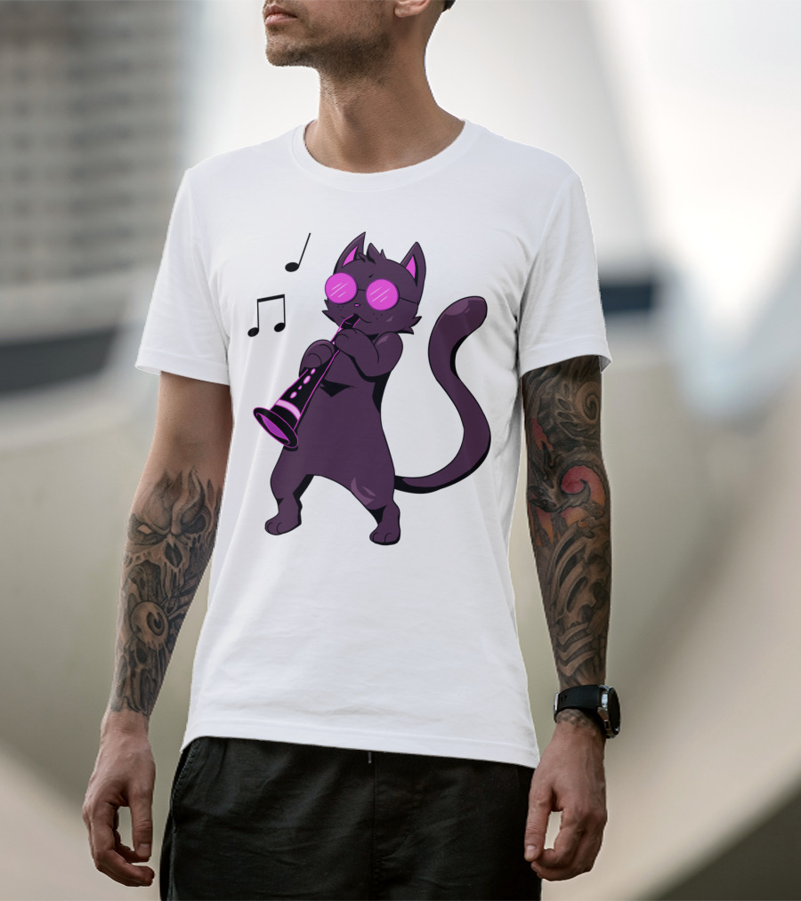 Clarinet Playing Cool Cat Hippy Hipster Kitty With Sunglasses T-Shirt