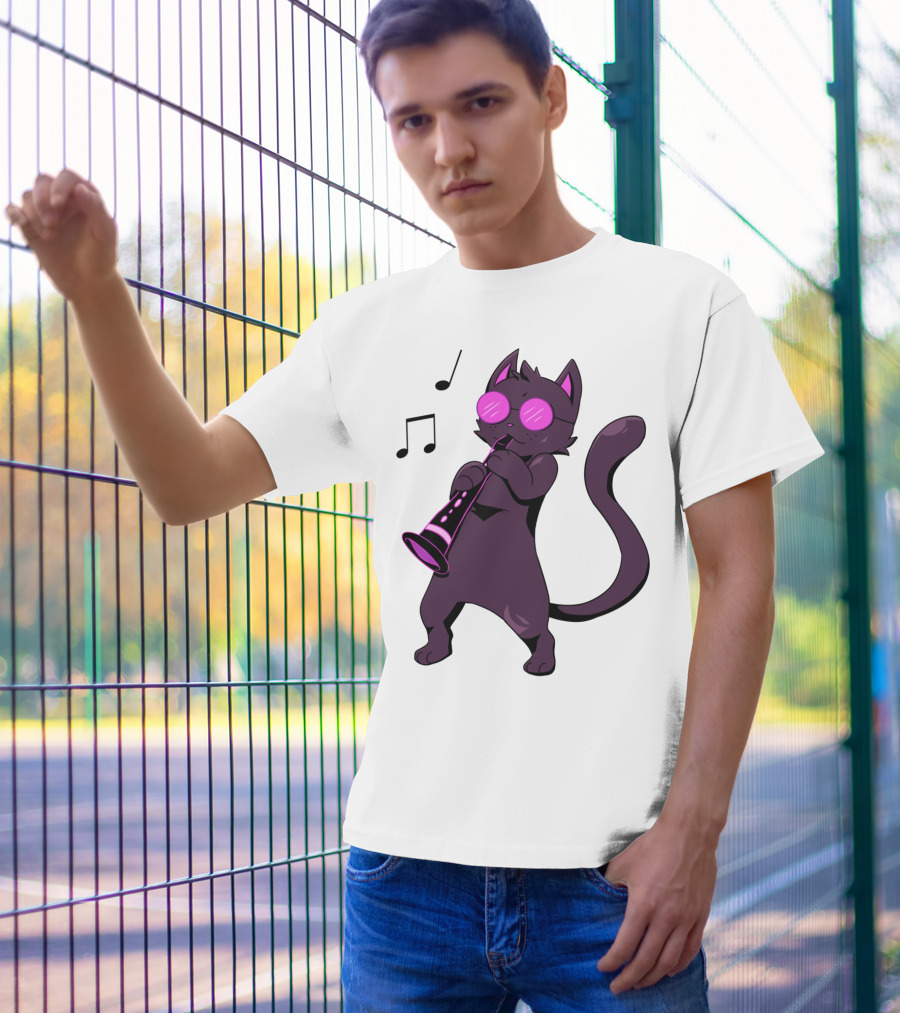 Clarinet Playing Cool Cat Hippy Hipster Kitty With Sunglasses T-Shirt
