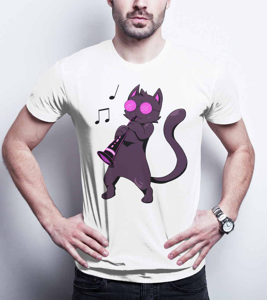 Clarinet Playing Cool Cat Hippy Hipster Kitty With Sunglasses T-Shirt