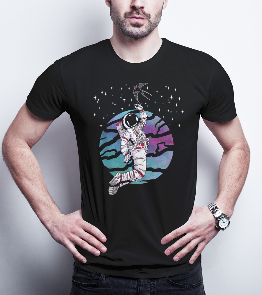 Cosmic Apparition Astronaut Reaches For Celestial Bird In Starry Universe T-Shirt