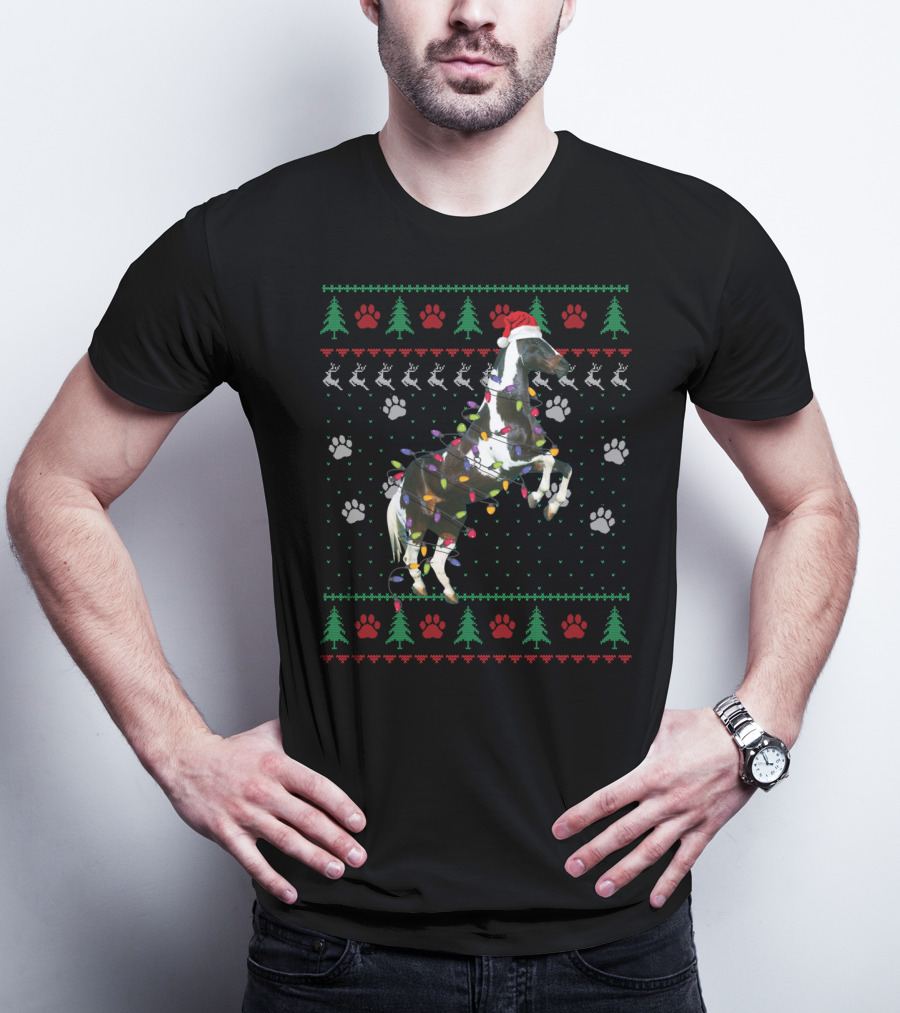American Paint Horse Christmas Lights Santa Hat Ugly T-Shirt