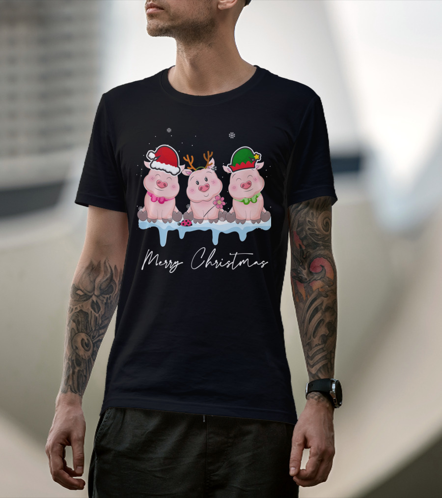 Merry Christmas Cute Pig Santa Hat Xmas Holiday Trio T-Shirt