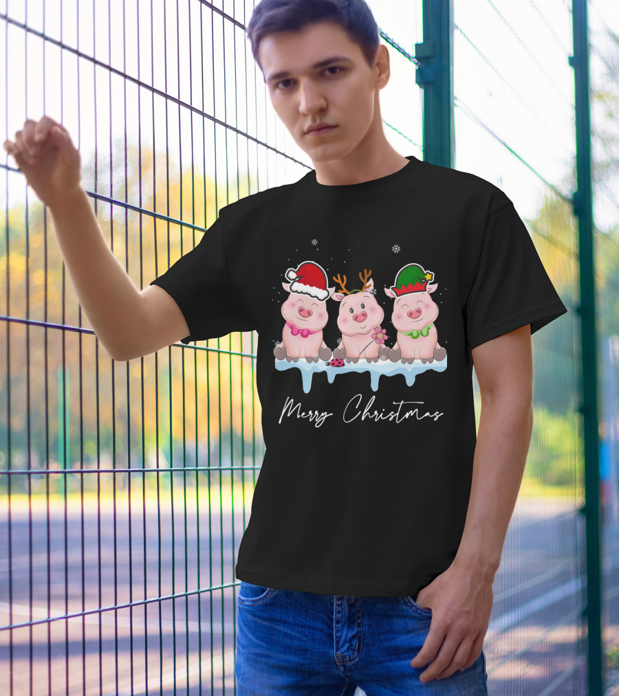 Merry Christmas Cute Pig Santa Hat Xmas Holiday Trio T-Shirt