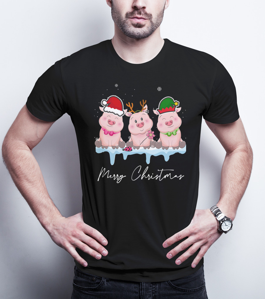 Merry Christmas Cute Pig Santa Hat Xmas Holiday Trio T-Shirt
