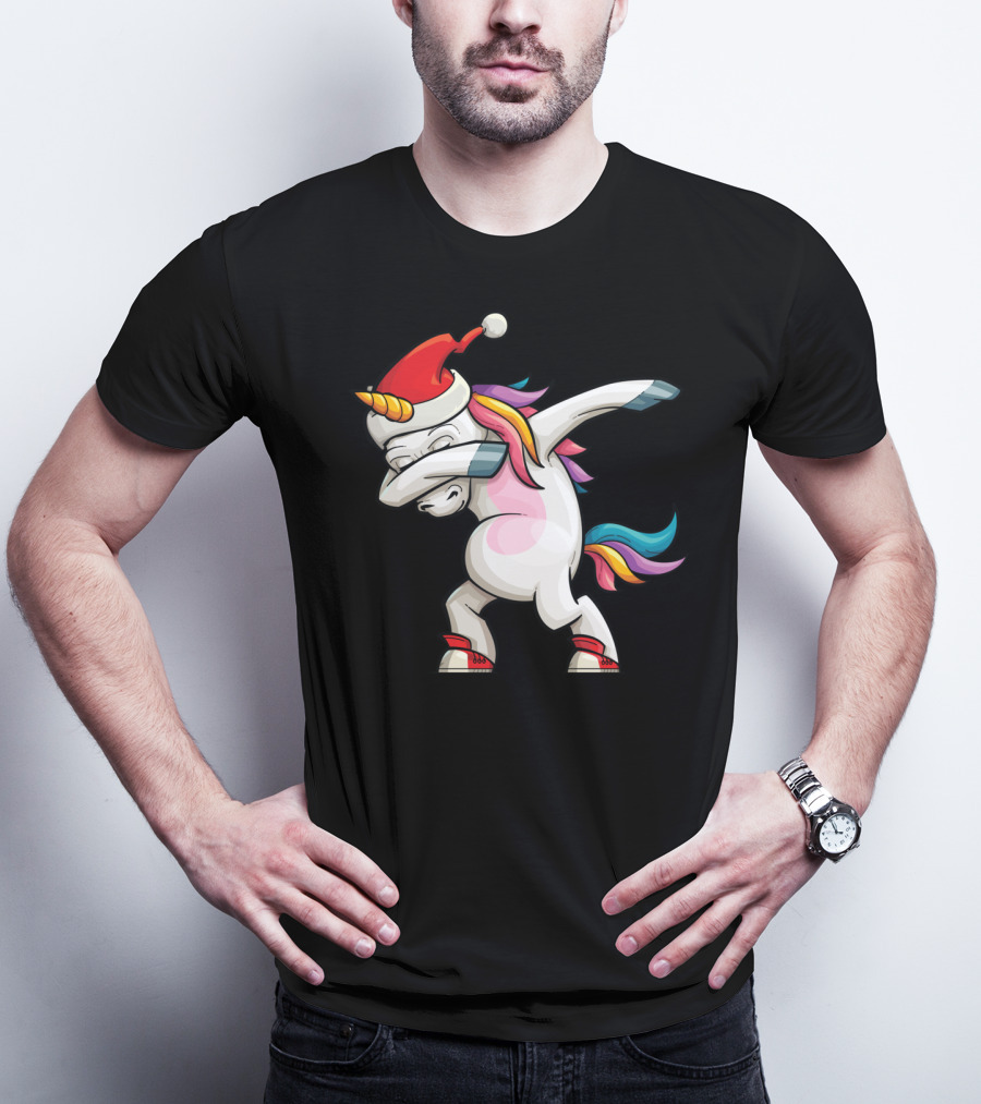 Dabbing Santacorn Xmas Funny Santa Unicorn Rainbow Mane Santa Hat T-Shirt