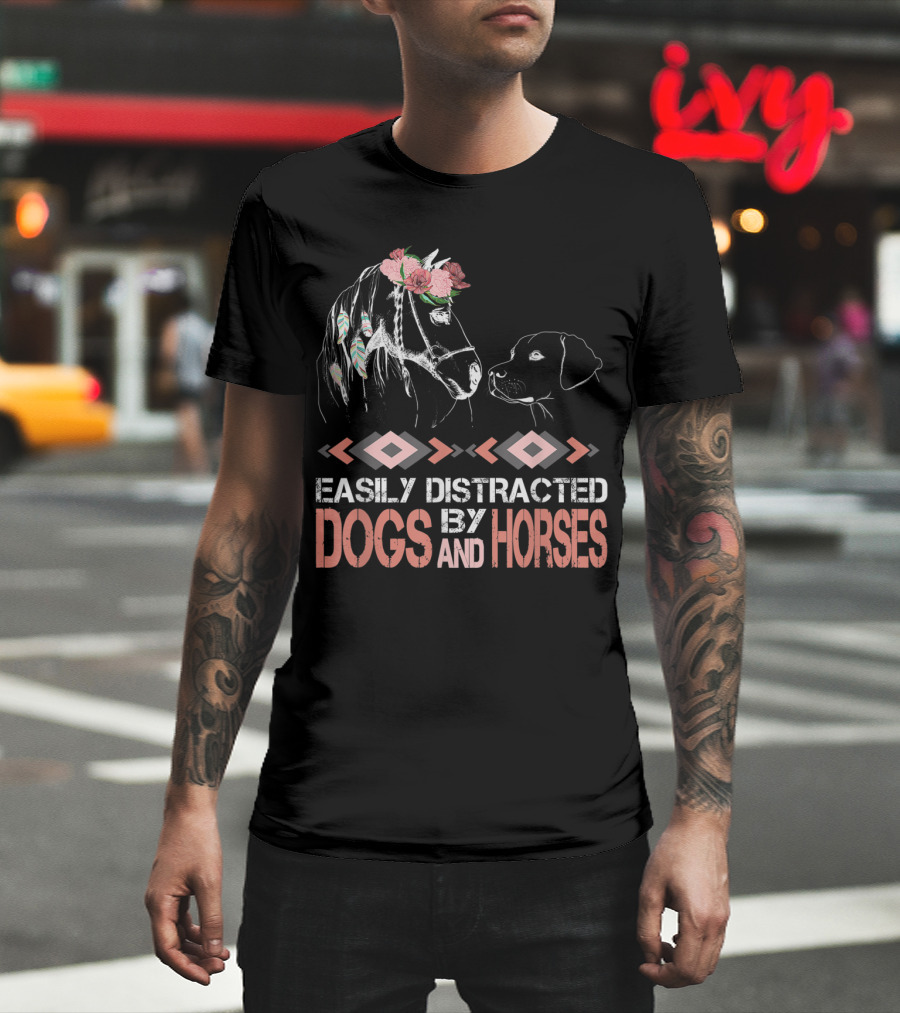Easily Distracted By Dogs And Horses Horse With Flowers And Feathers T-Shirt