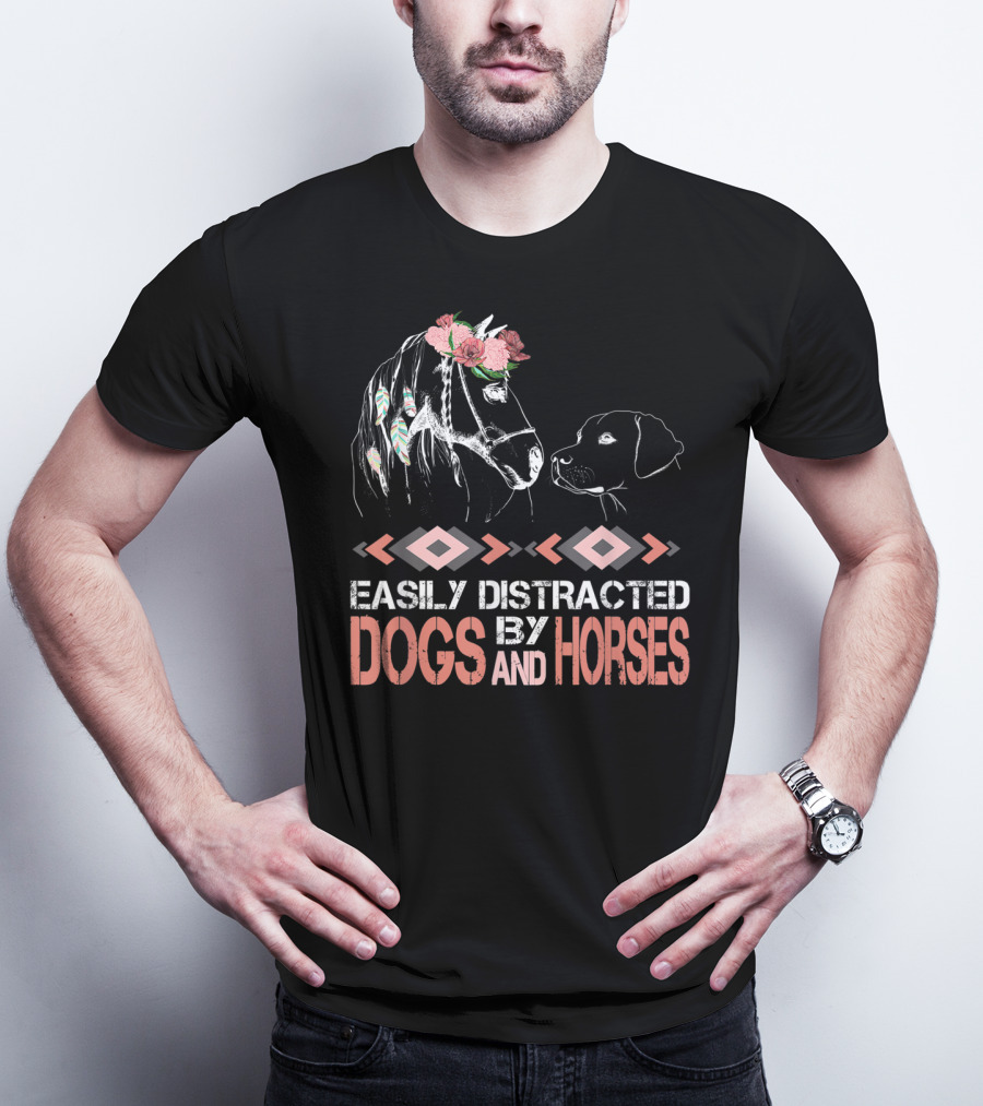 Easily Distracted By Dogs And Horses Horse With Flowers And Feathers T-Shirt