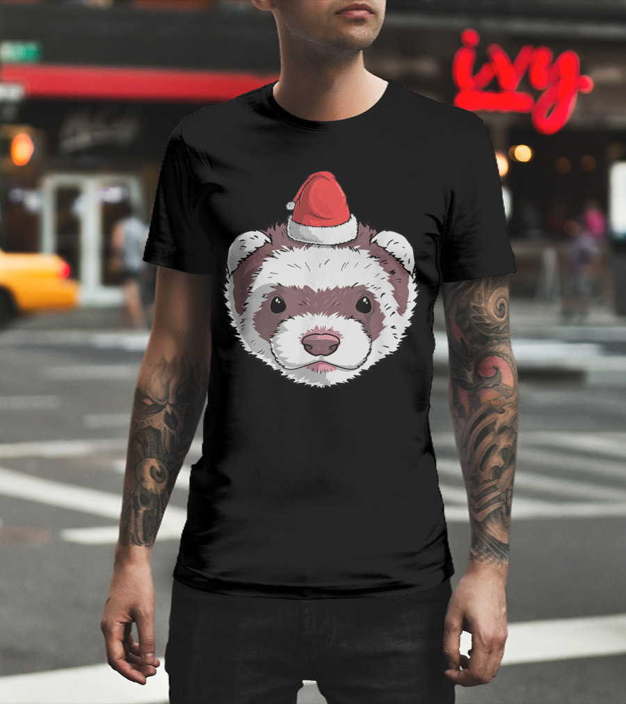 Ferret Santa Claus Hat Christmas Holiday Festive Headwear T-Shirt
