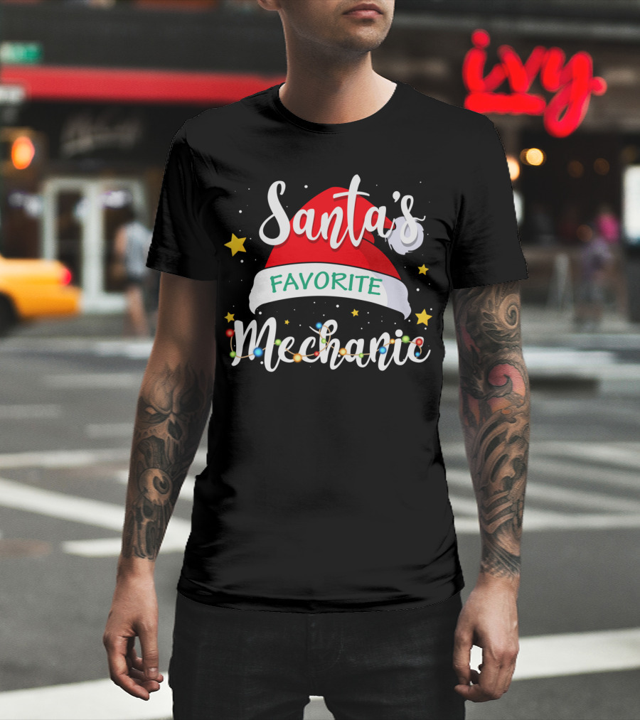Santa's Favorite Mechanic Christmas Costume With Santa Hat And Holiday Lights T-Shirt