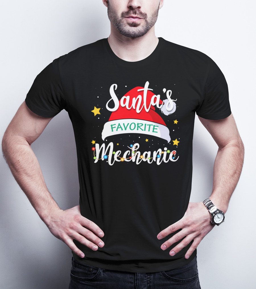Santa's Favorite Mechanic Christmas Costume With Santa Hat And Holiday Lights T-Shirt
