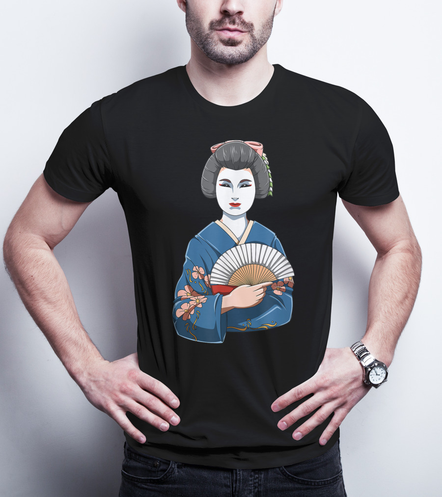 Geisha Girl Traditional Japanese Kimono Fan Blossoms T-Shirt