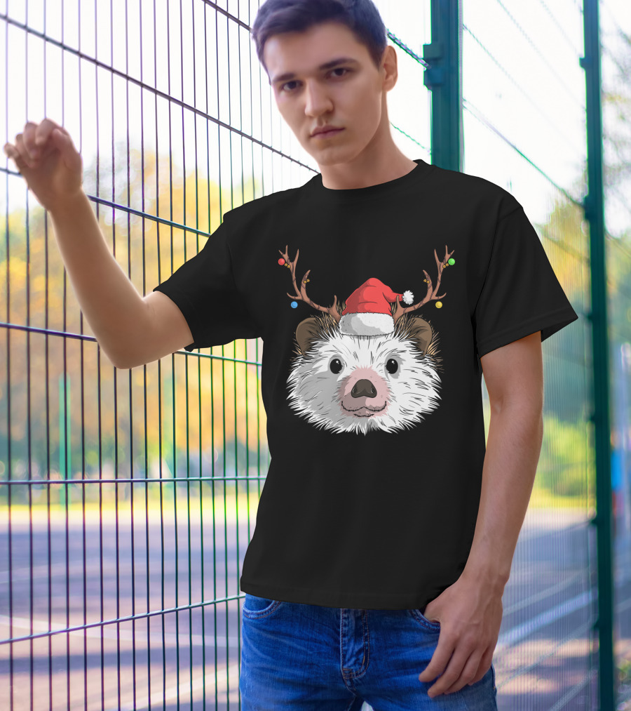 Hedgehog Santa Claus Hat Antlers Christmas Holiday T-Shirt