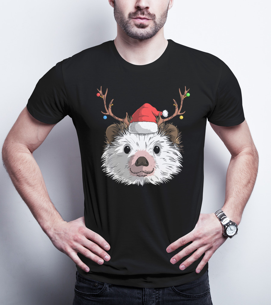 Hedgehog Santa Claus Hat Antlers Christmas Holiday T-Shirt