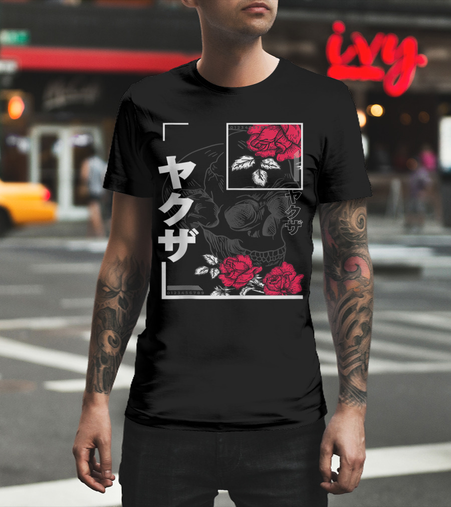 Urban Yakuza Skull And Red Roses T-Shirt