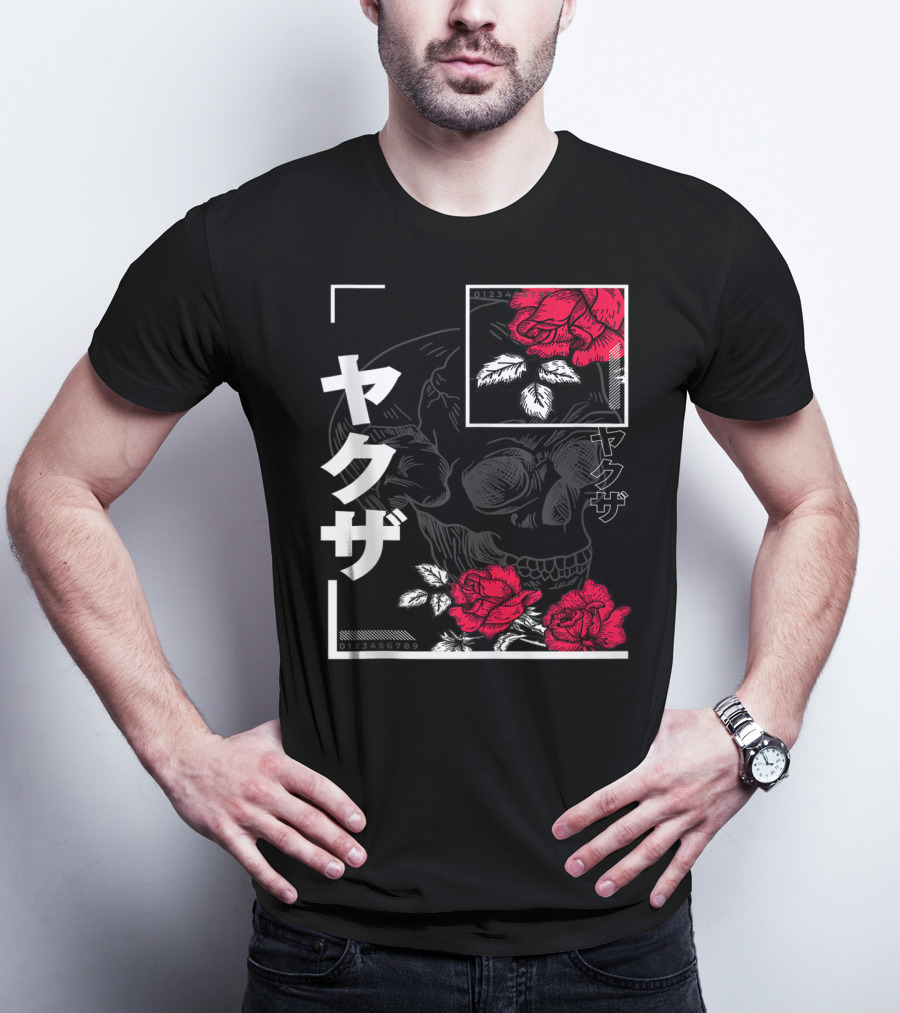 Urban Yakuza Skull And Red Roses T-Shirt
