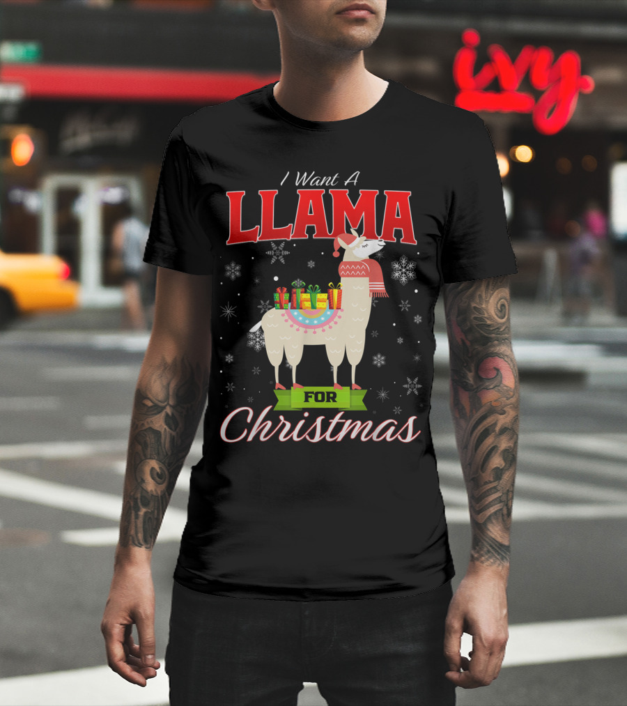 I Want A Llama For Christmas Santa Hat Snowflakes T-Shirt