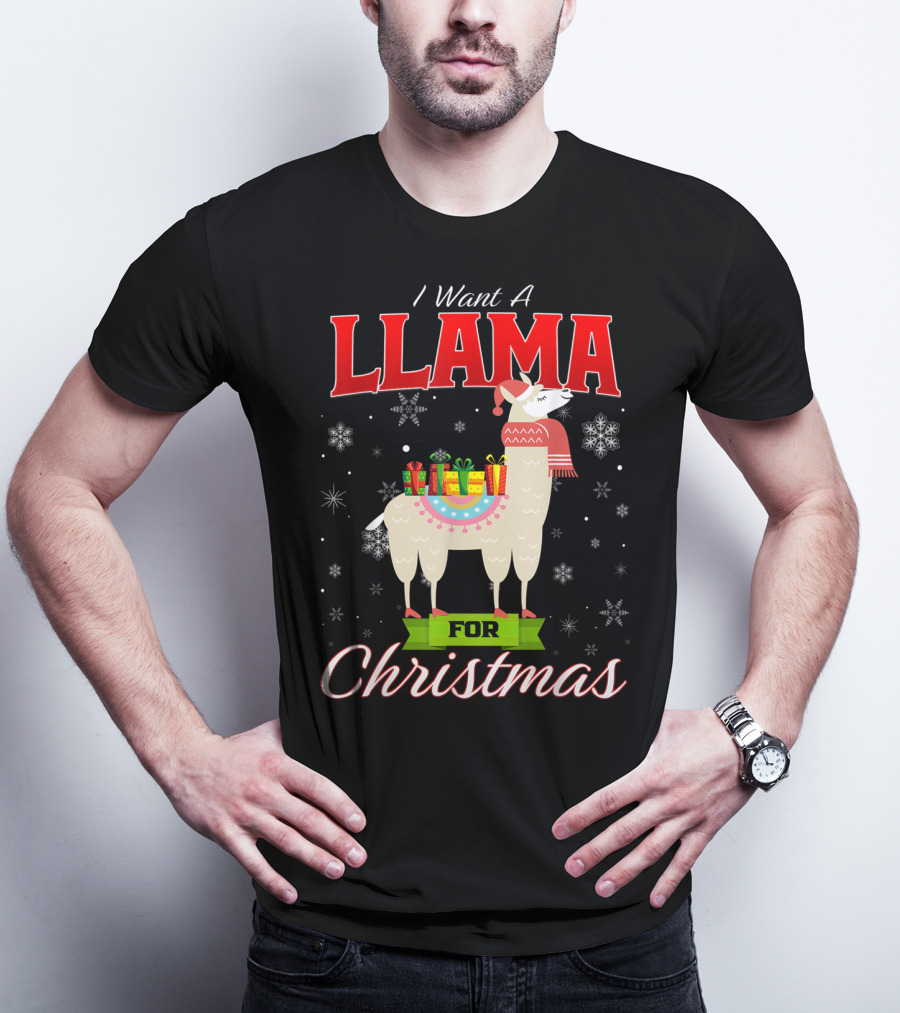 I Want A Llama For Christmas Santa Hat Snowflakes T-Shirt