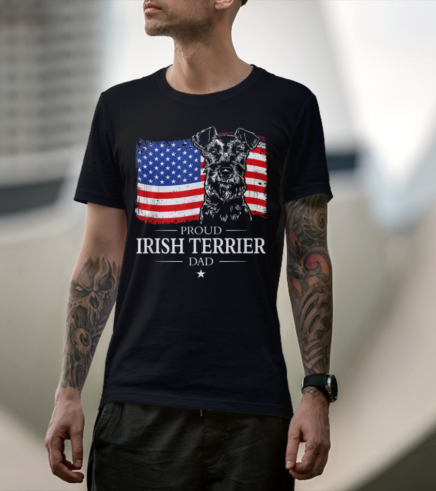 Proud Irish Terrier Dad With American Flag Background T-Shirt