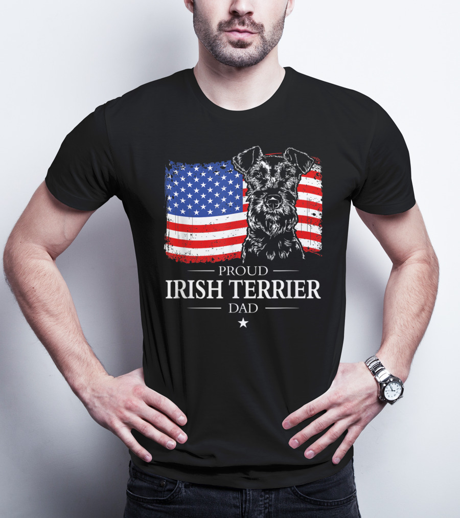 Proud Irish Terrier Dad With American Flag Background T-Shirt