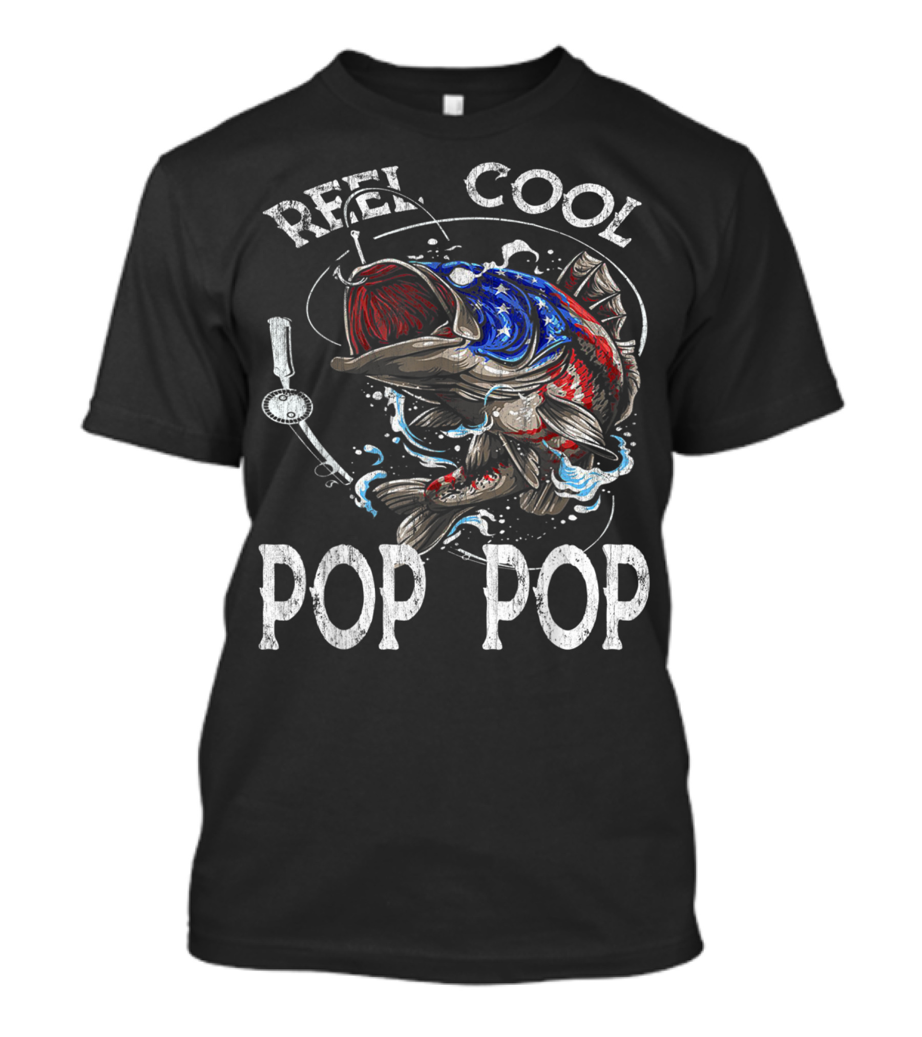 Reel Cool Pop Pop American Flag Bass Fish T-Shirt