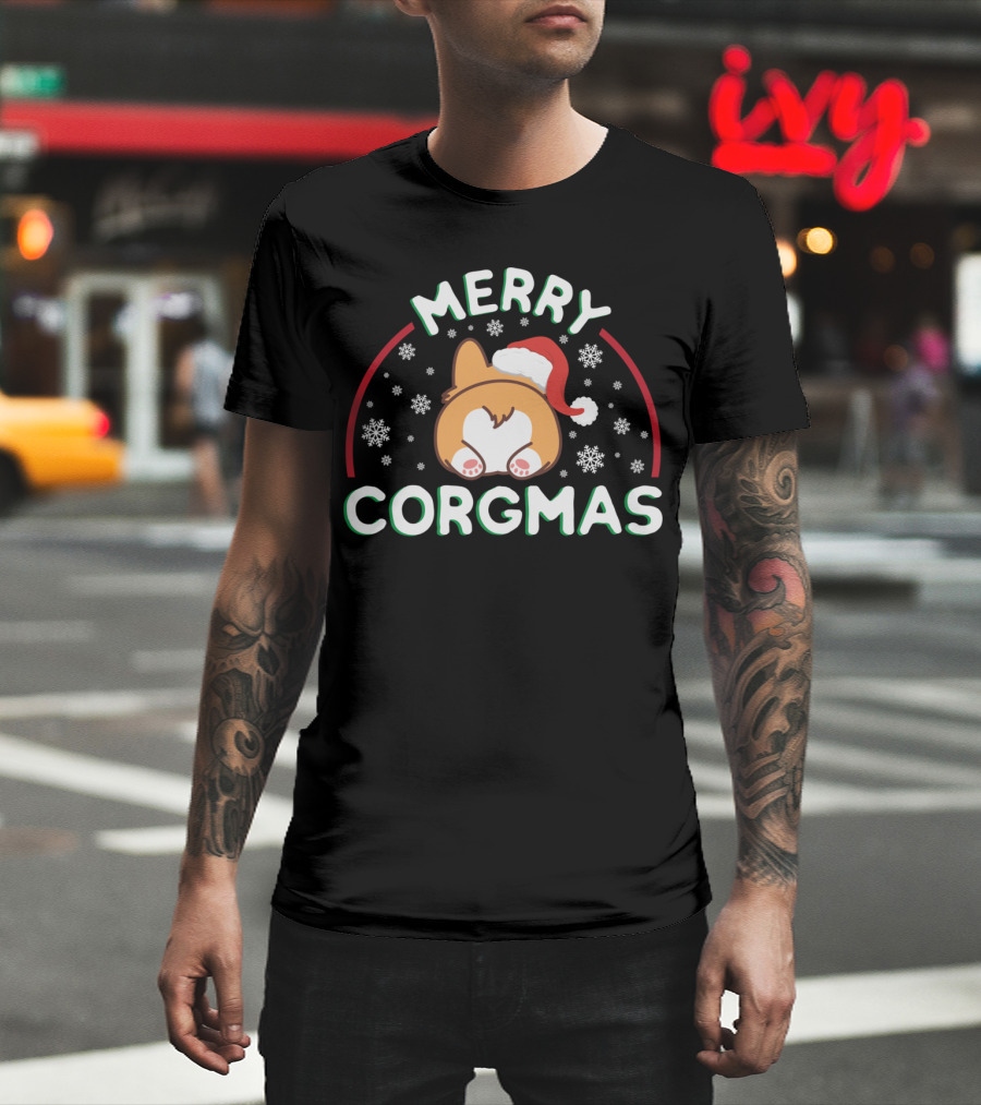 Merry Corgmas Corgi Doggo With Santa Hat And Snowflakes T-Shirt