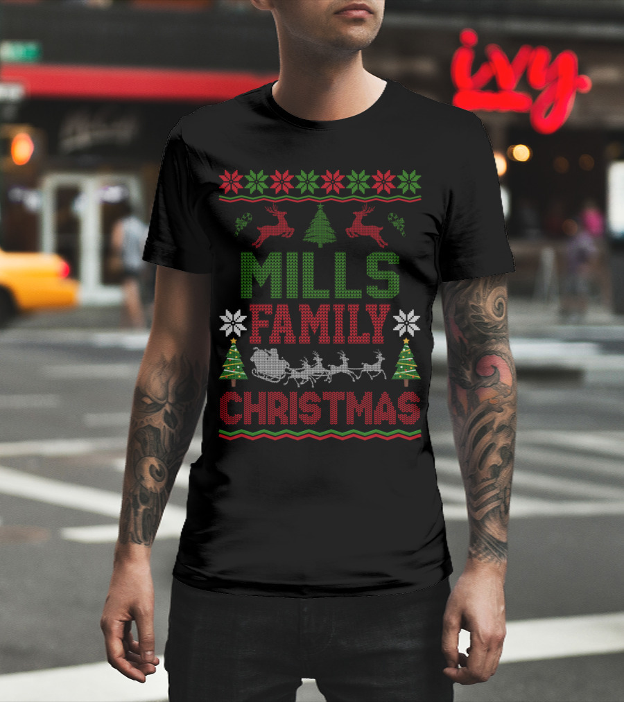 Mills Family Christmas Reindeer Sleigh Ugly Sweater Holiday Trees T-Shirt