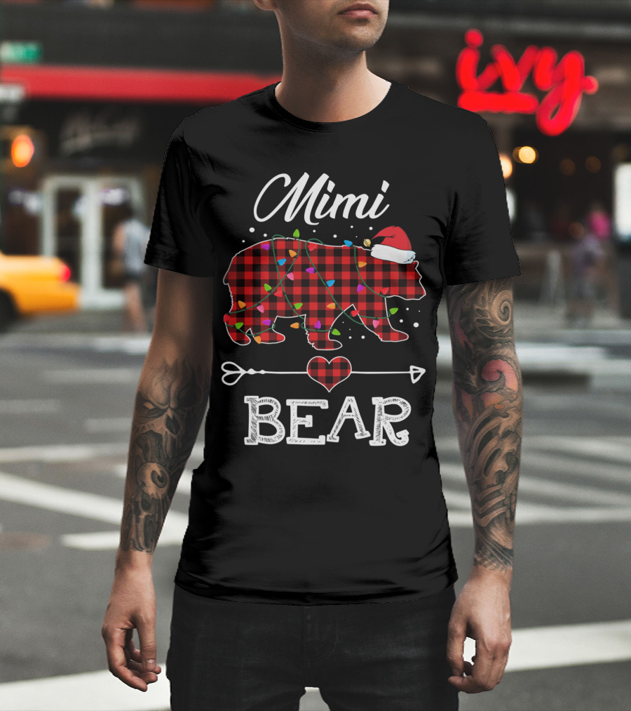 Mimi Bear Christmas Red Plaid Buffalo Santa Hat Lights T-Shirt