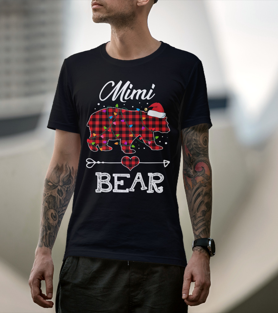 Mimi Bear Christmas Red Plaid Buffalo Santa Hat Lights T-Shirt