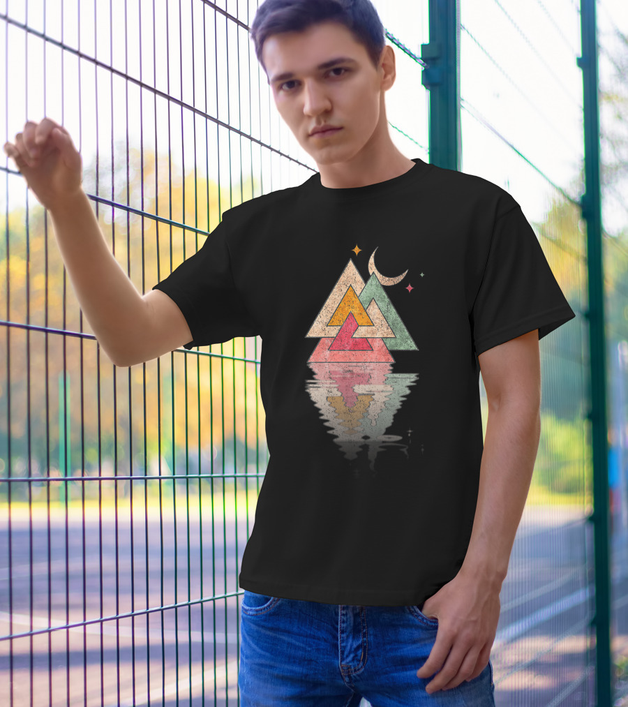 Minimal Mountains Valknut Geometry Moon Reflection T-Shirt