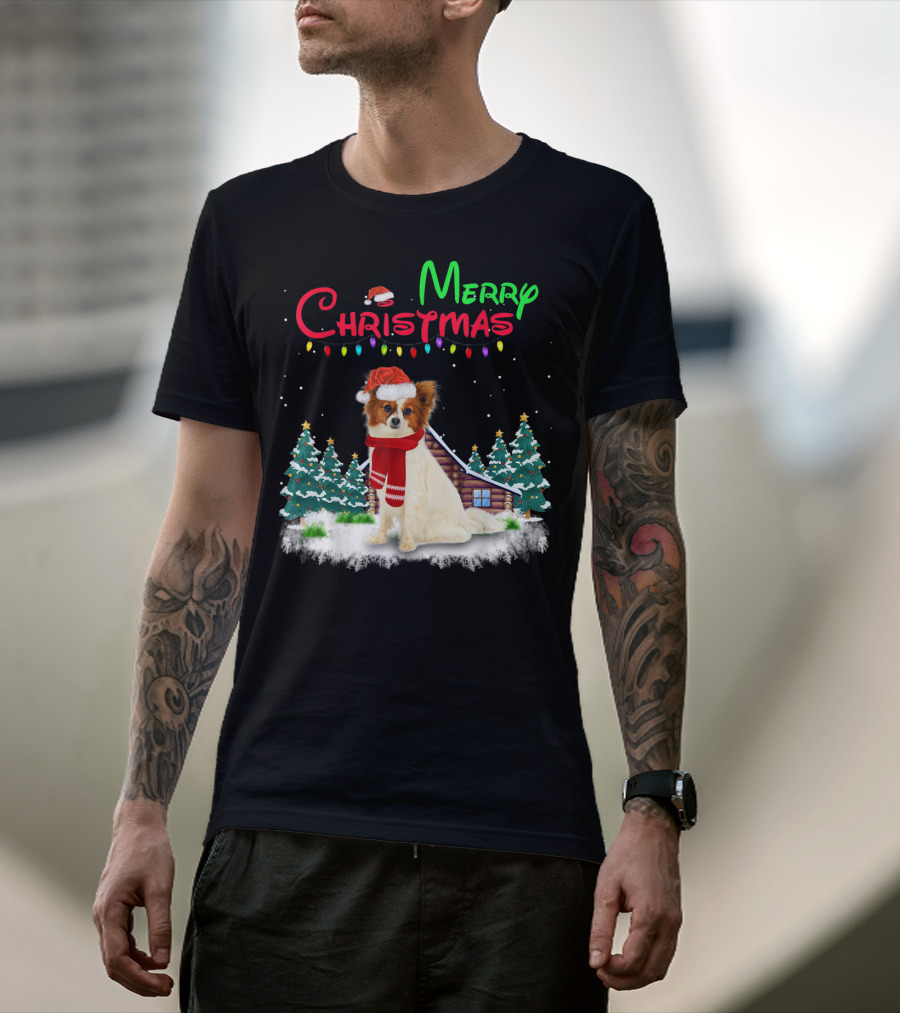 Papillon Dog With Santa Hat And Christmas Lights In Snowy Holiday Scene T-Shirt