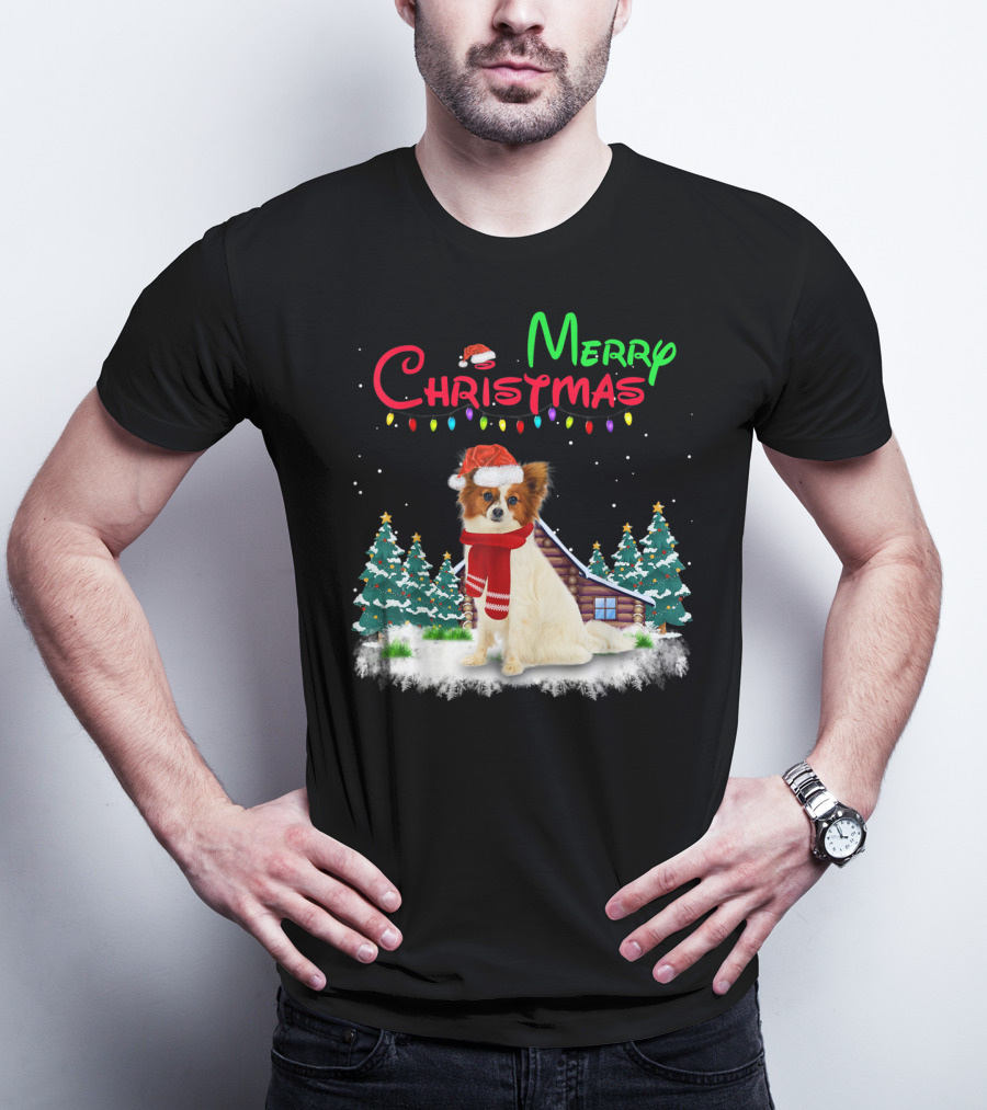 Papillon Dog With Santa Hat And Christmas Lights In Snowy Holiday Scene T-Shirt