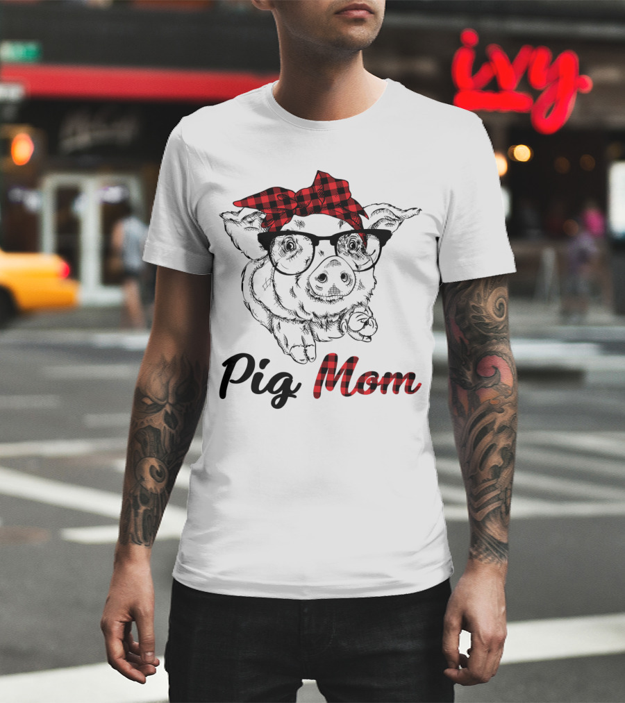 Pig Mom Piggy Outfit Mother Plaid Bow Glasses T-Shirt