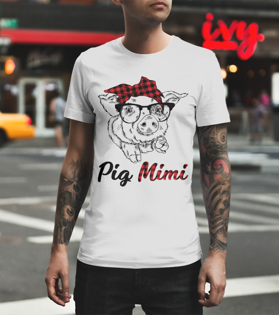 Pig Mimi Glasses Checkered Bow T-Shirt