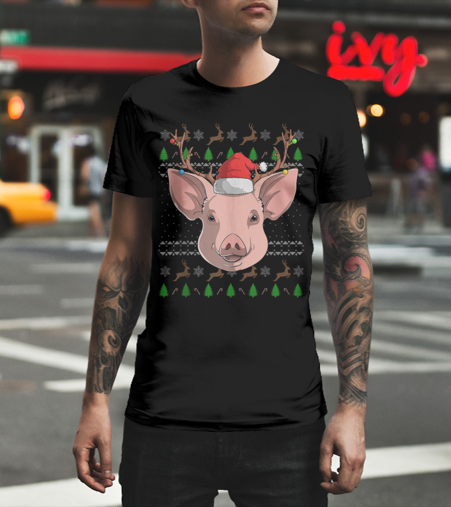 Pig Santa Claus Hat Reindeer Antlers Christmas Ornaments T-Shirt