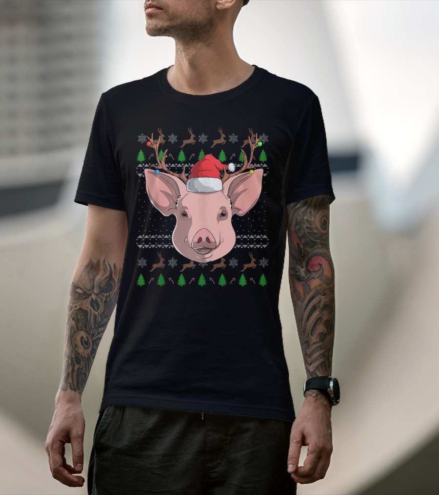 Pig Santa Claus Hat Reindeer Antlers Christmas Ornaments T-Shirt