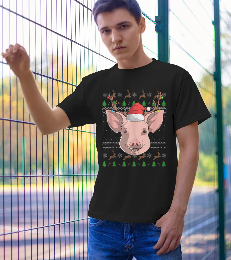 Pig Santa Claus Hat Reindeer Antlers Christmas Ornaments T-Shirt